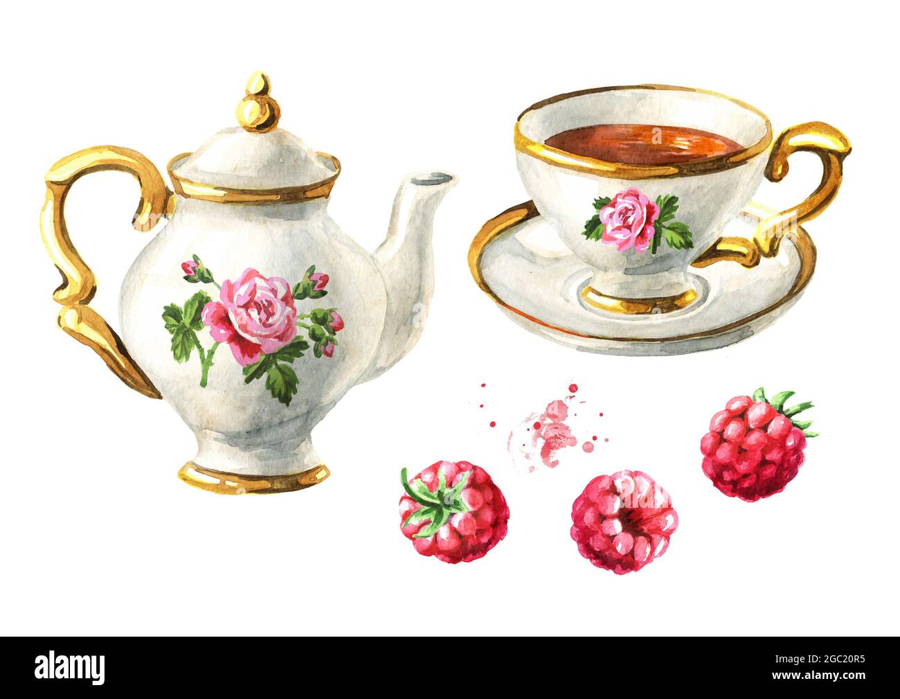 Teapot, cup of tea and Raspberry set. Hand drawn watercolor ...