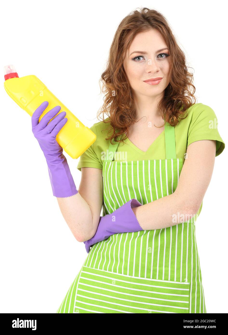 Young Woman Wearing Rubber Gloves With Cleaner Isolated On White Stock
