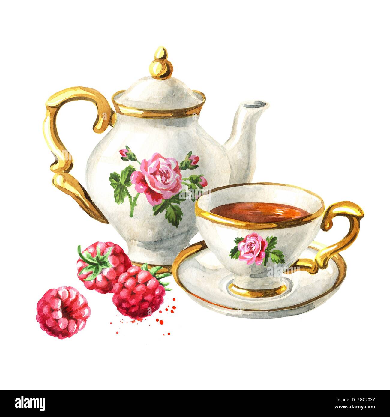 Teapot, cup of tea and Raspberry. Hand drawn watercolor illustration ...