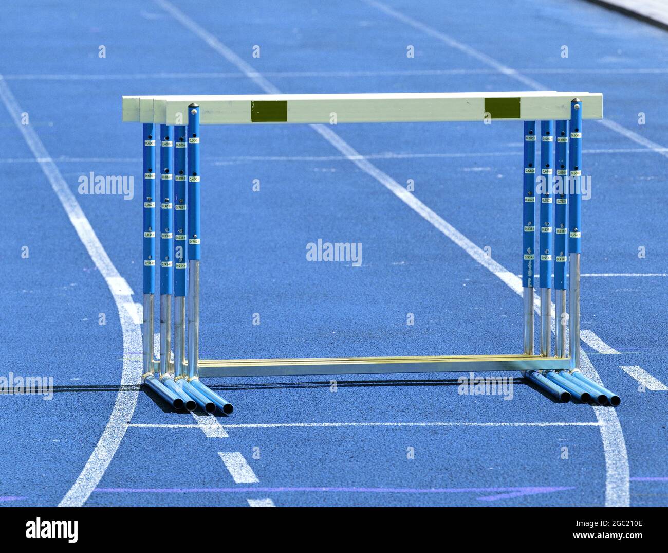 Set of hurdles or obctacles ready on blue race track at starting line ...