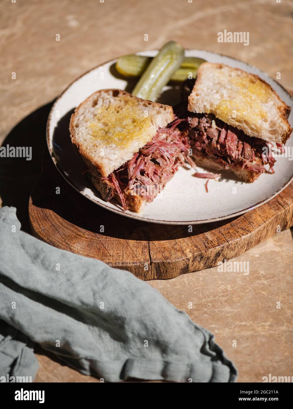 Homemade Pulled beef Reuben sandwich with sourdough bread Stock Photo ...