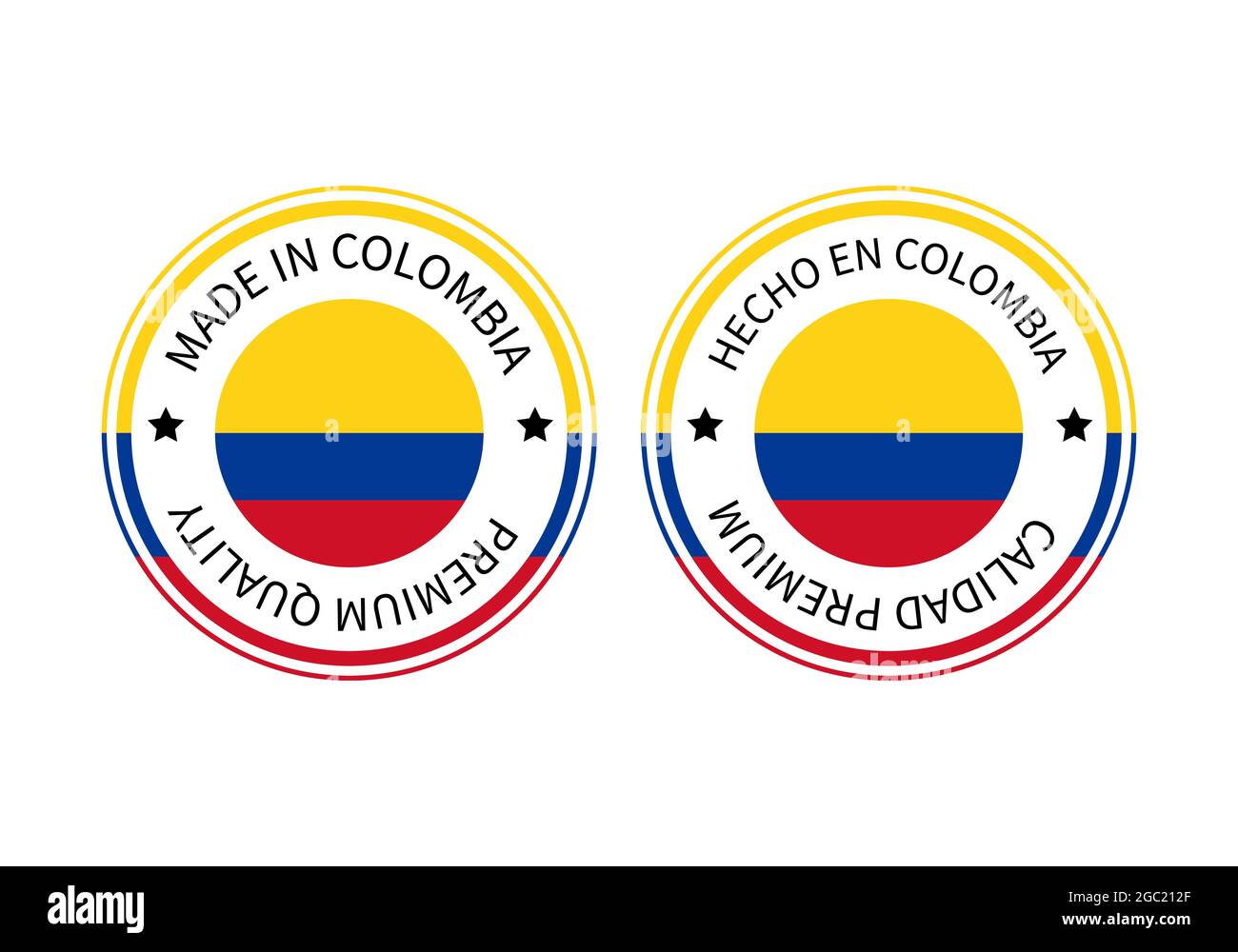 Made in Colombia round labels in English and in Spanish languages ...