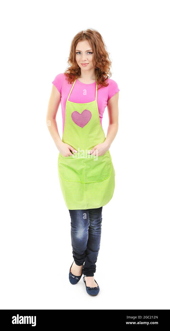 Young woman wearing kitchen apron, isolated on white Stock Photo - Alamy