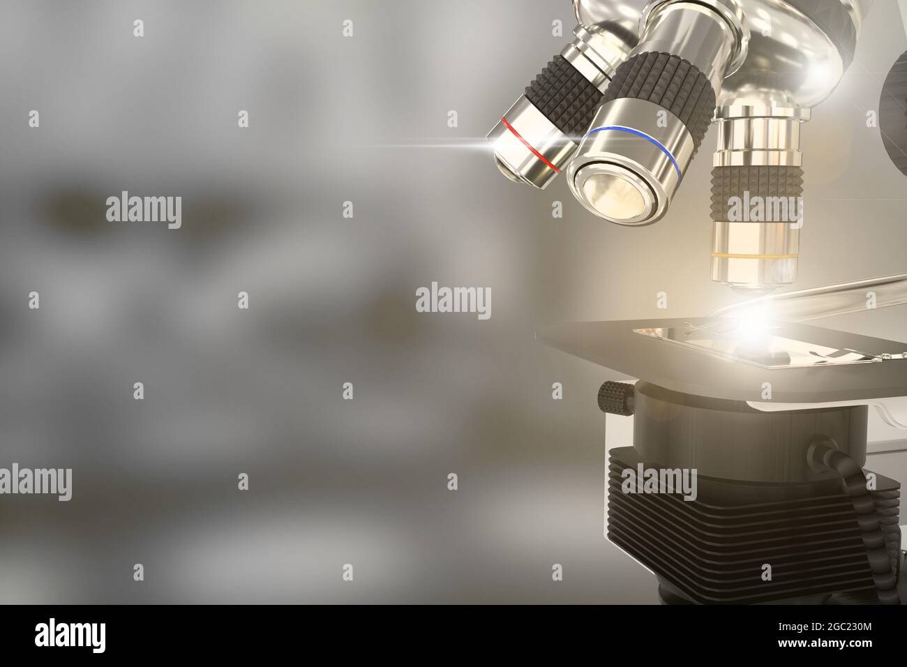cell work concept, lab electronic scientific microscope with flare on ...