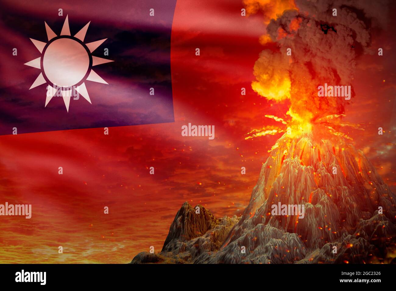 volcano blast eruption at night with explosion on Taiwan Province of ...