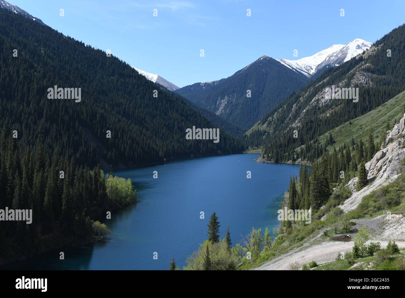 Panorama of the mountain lake, Kolsay Lakes National Park, Kazakhstan ...