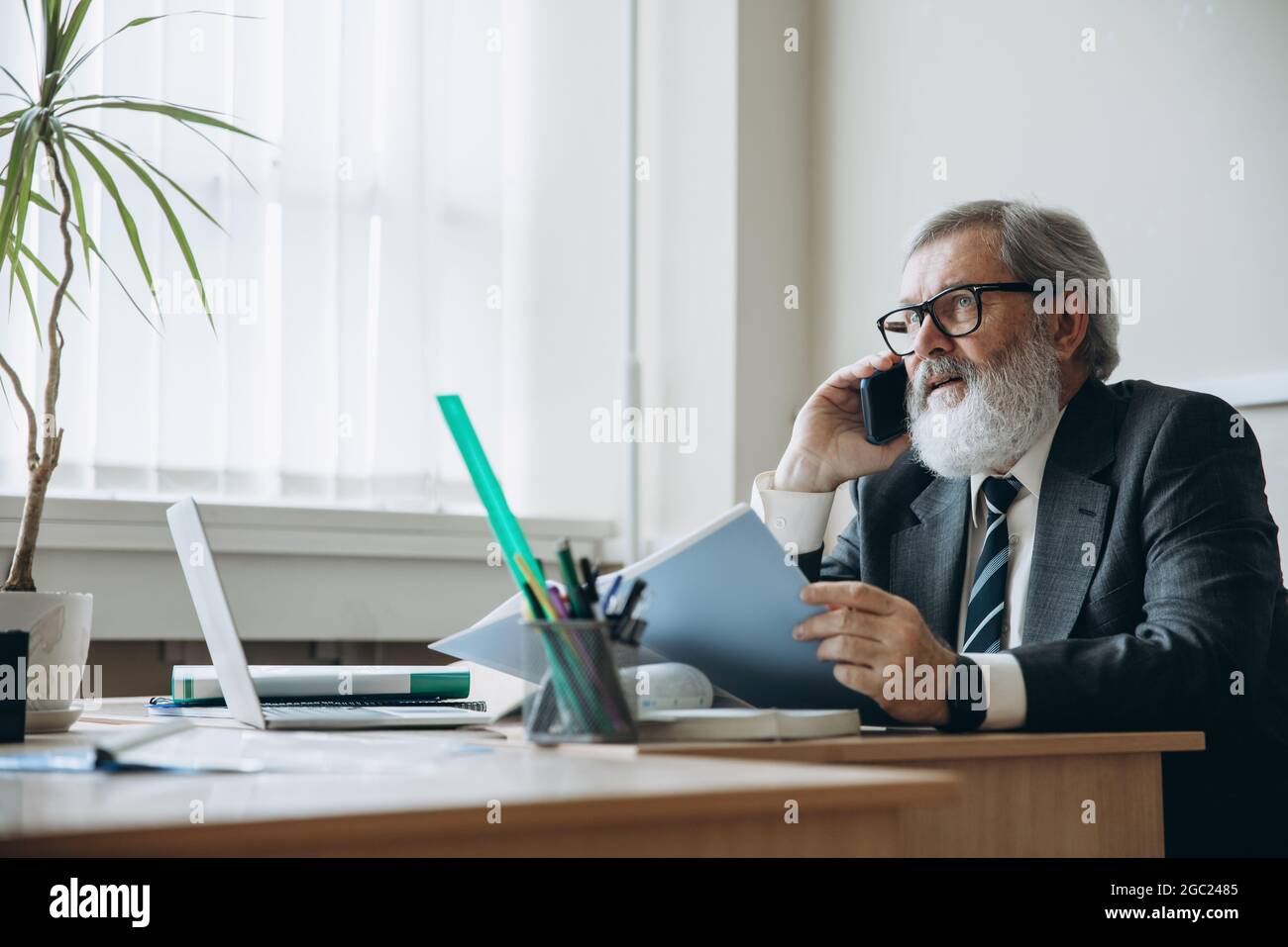 Elder gray-headed man, professor, teacher working at work, indoors ...