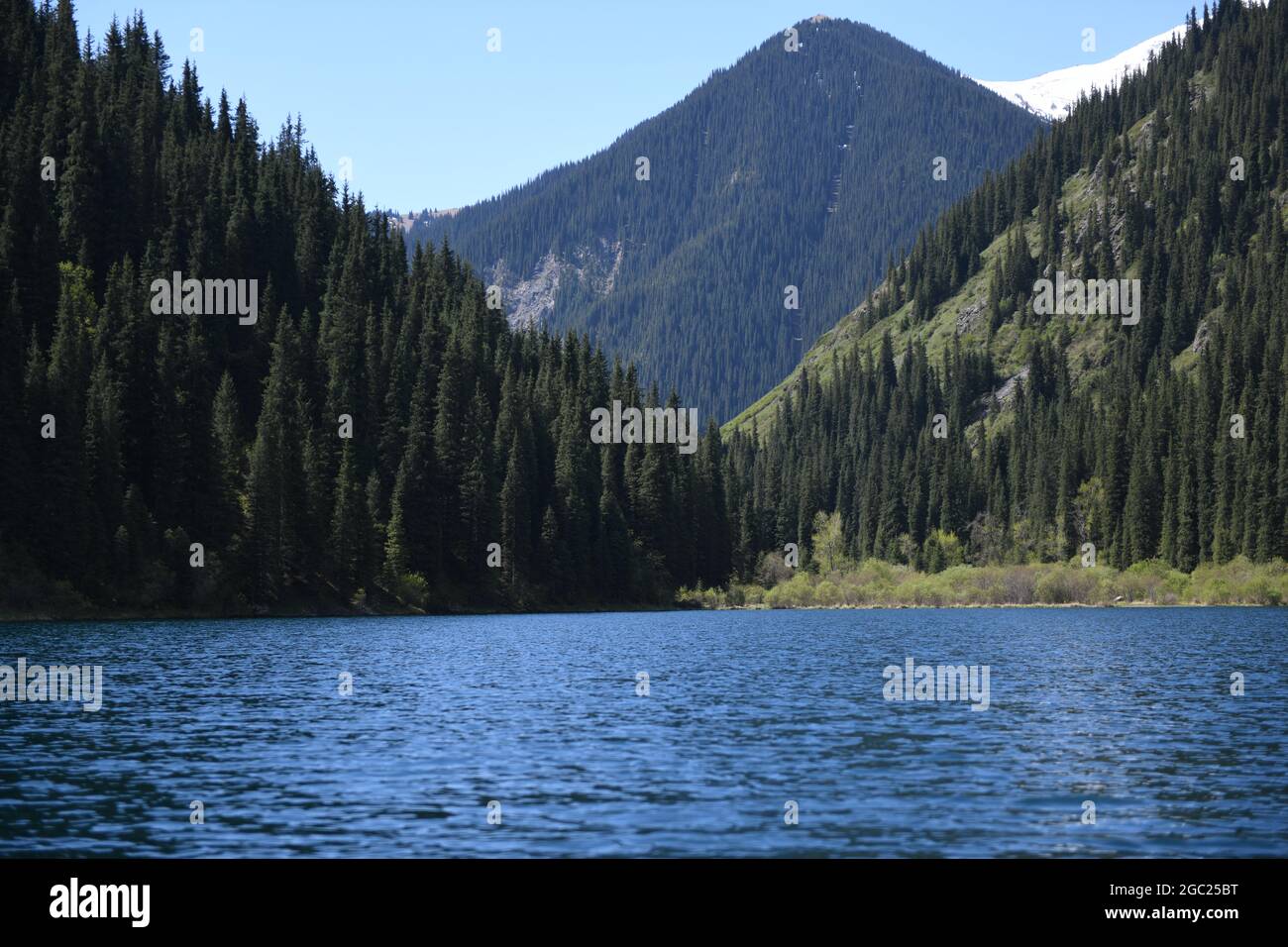 Panorama of the mountain lake, Kolsay Lakes National Park, Kazakhstan ...