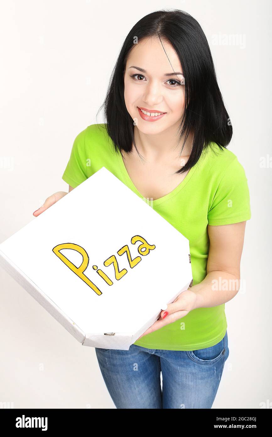 Beautiful girl with pizza in pizza box isolated on white Stock Photo ...