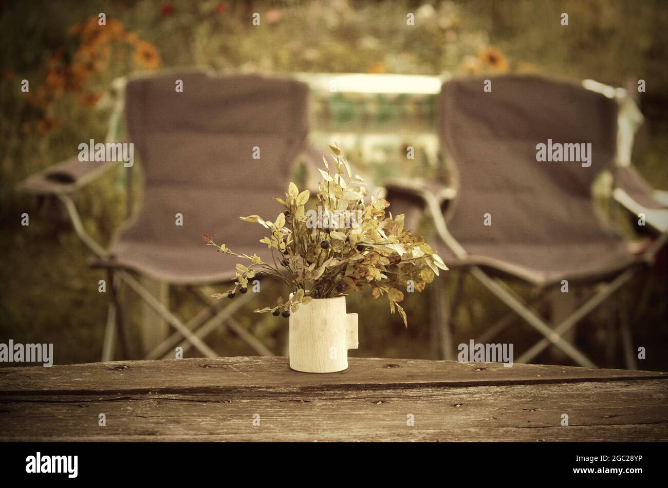 Two patio chairs on nature background outdoors Stock Photo - Alamy