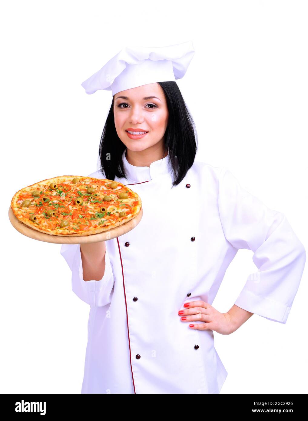 Beautiful girl chief-cooker with pizza isolated on white Stock Photo ...