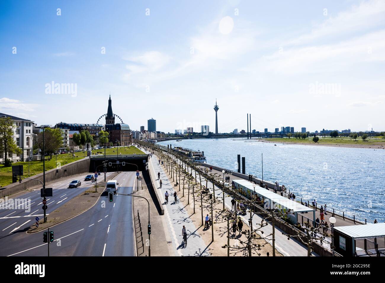 DUESSELDORF, GERMANY - May 18, 2021: The riverside of Rhine River with ...