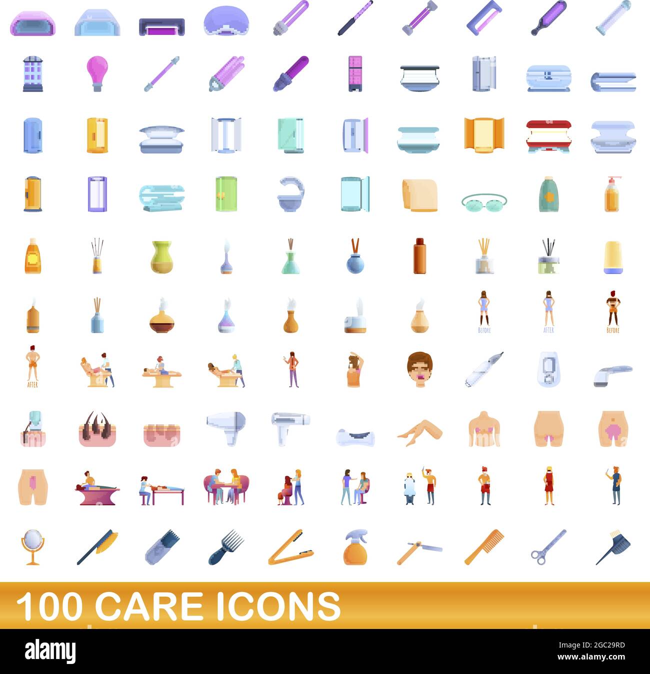 100 care icons set. Cartoon illustration of 100 care icons vector set ...