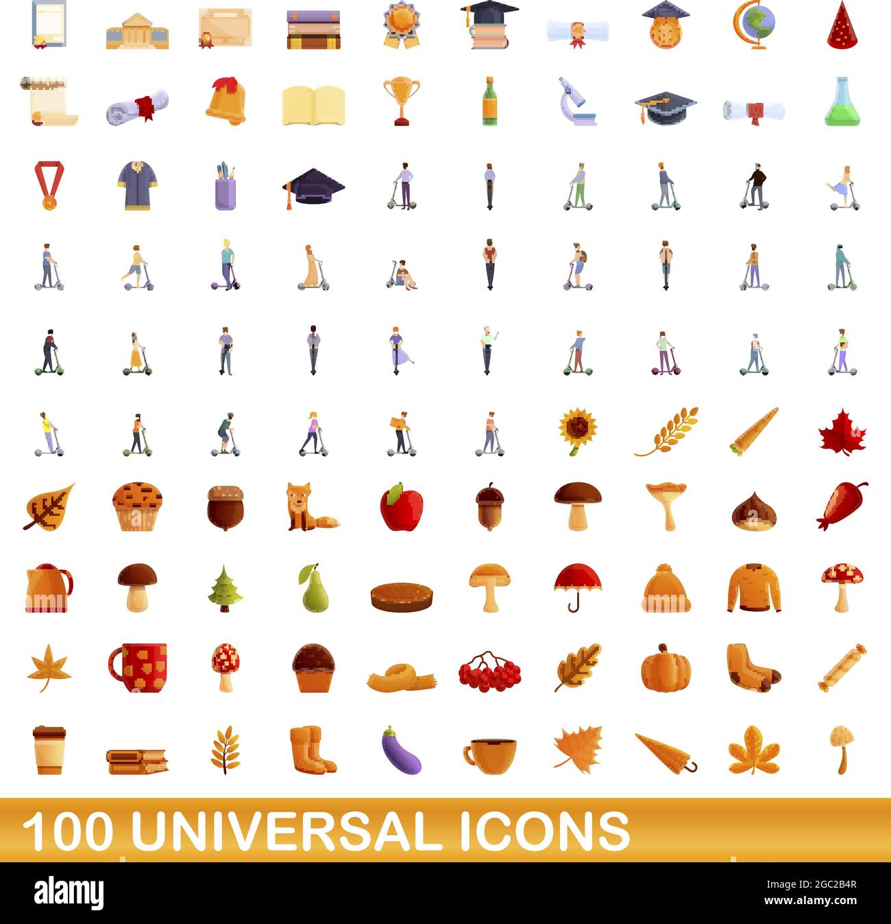 100 universal icons set. Cartoon illustration of 100 universal icons ...