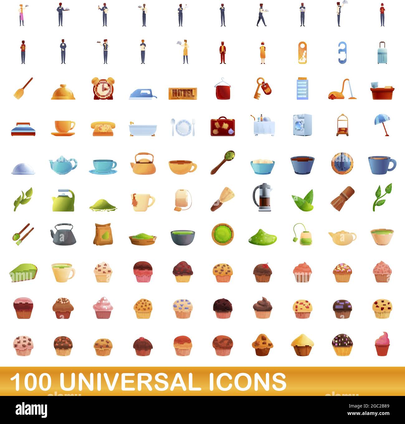 100 universal icons set. Cartoon illustration of 100 universal icons ...