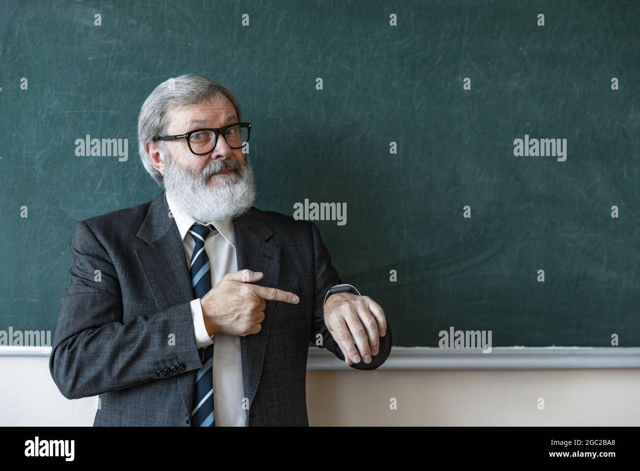 Portrait of elder gray-headed man, professor, teacher working at work ...