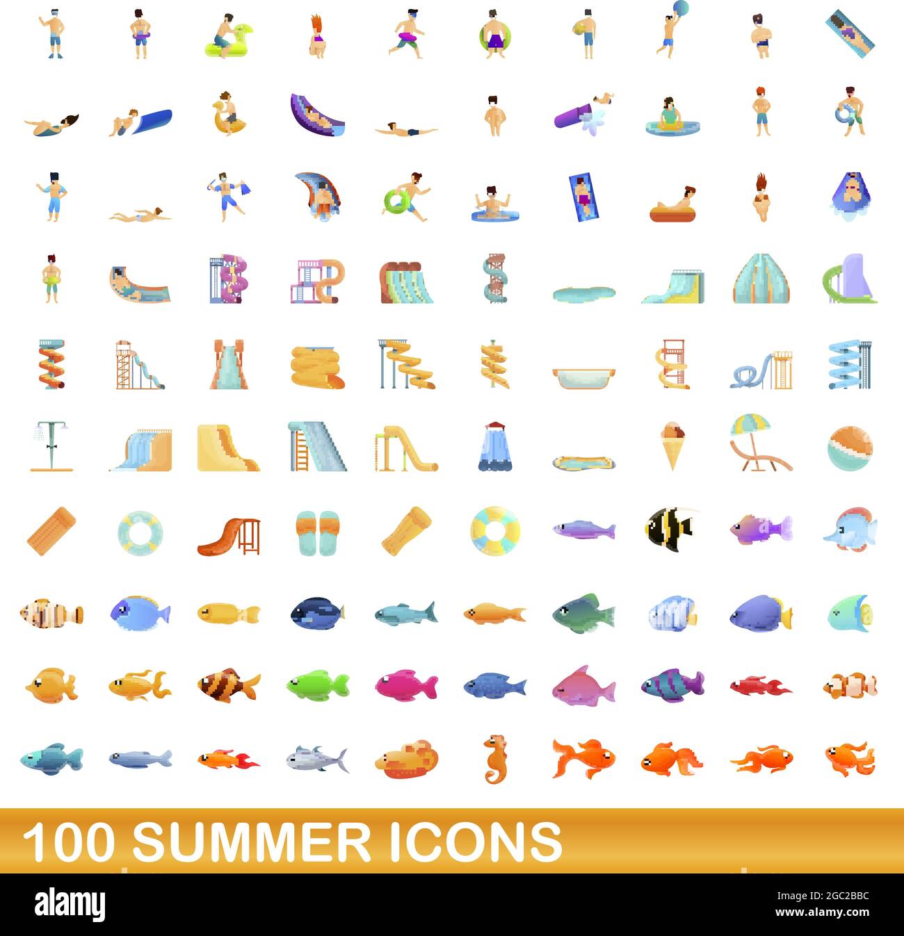 100 summer icons set. Cartoon illustration of 100 summer icons vector ...
