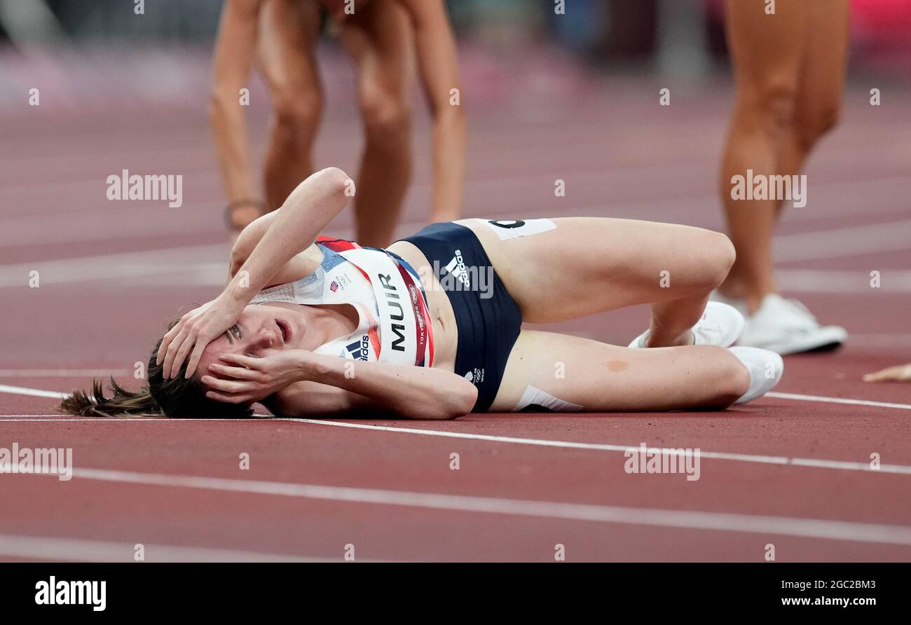 Great Britain's Laura Muir reacts after crossing the line to win the ...