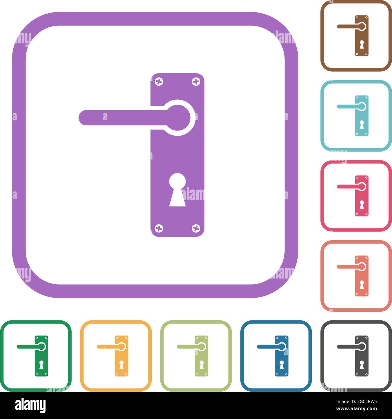 Left handed door handle with screws simple icons in color rounded square frames on white ...
