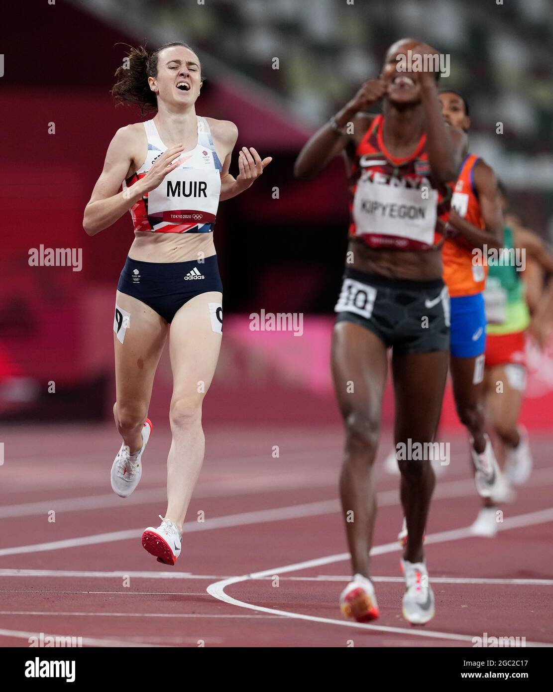 Great Britain's Laura Muir crosses the line to win the silver medal ...