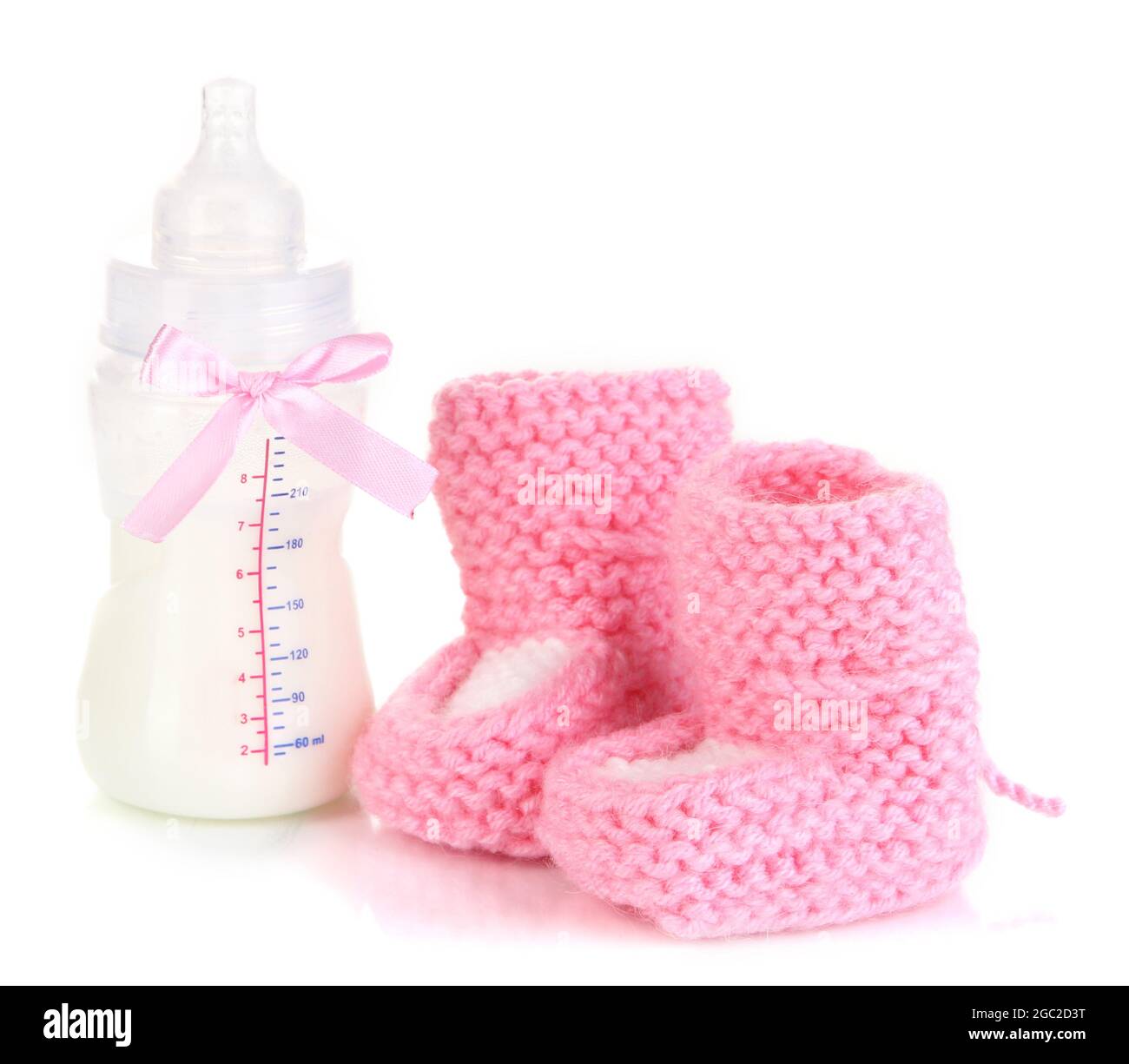 Bottle for milk formula with booties isolated on white Stock Photo - Alamy