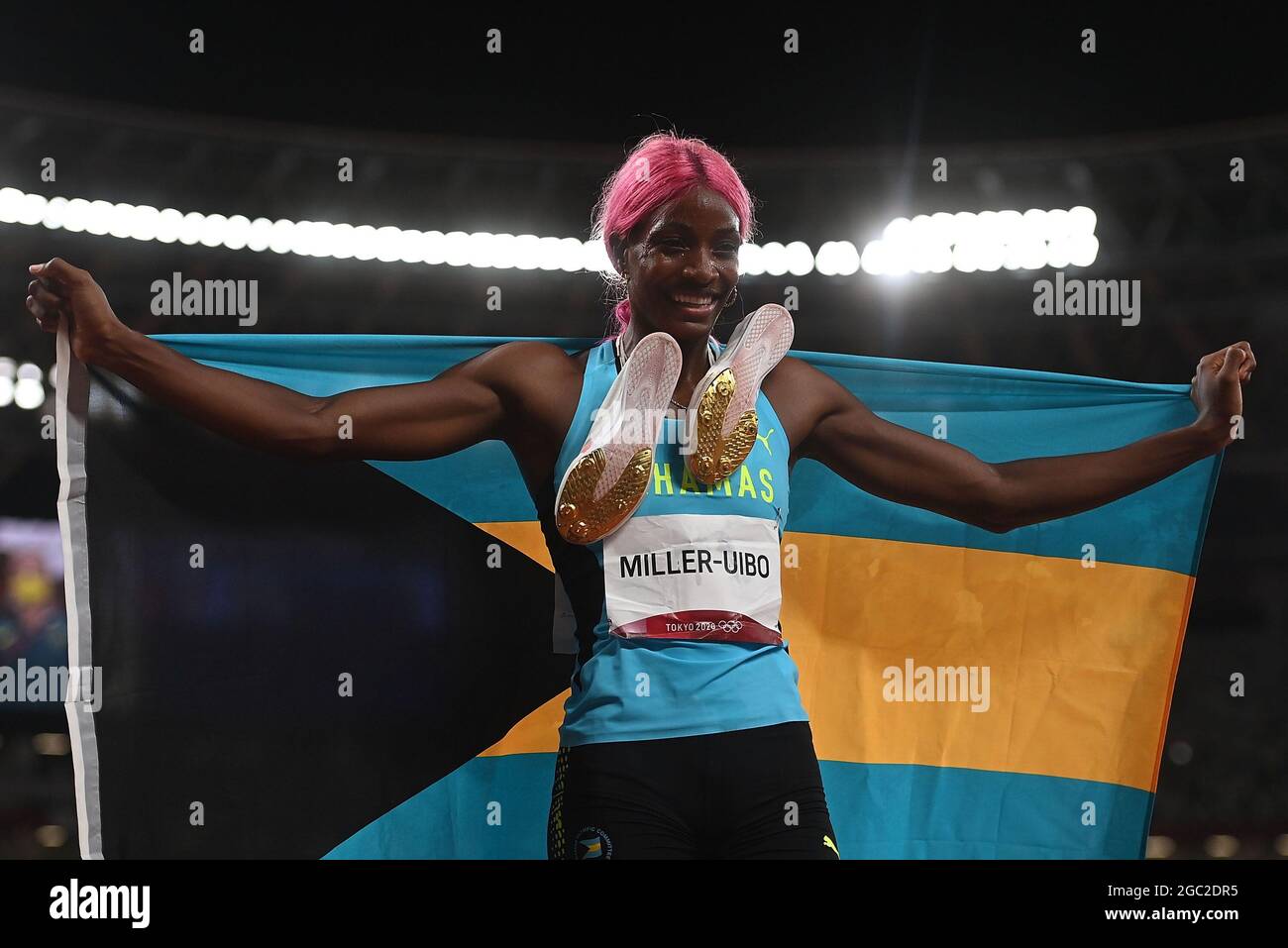 Tokyo, Japan. 6th Aug, 2021. Shaunae Miller-Uibo of Bahamas reacts ...