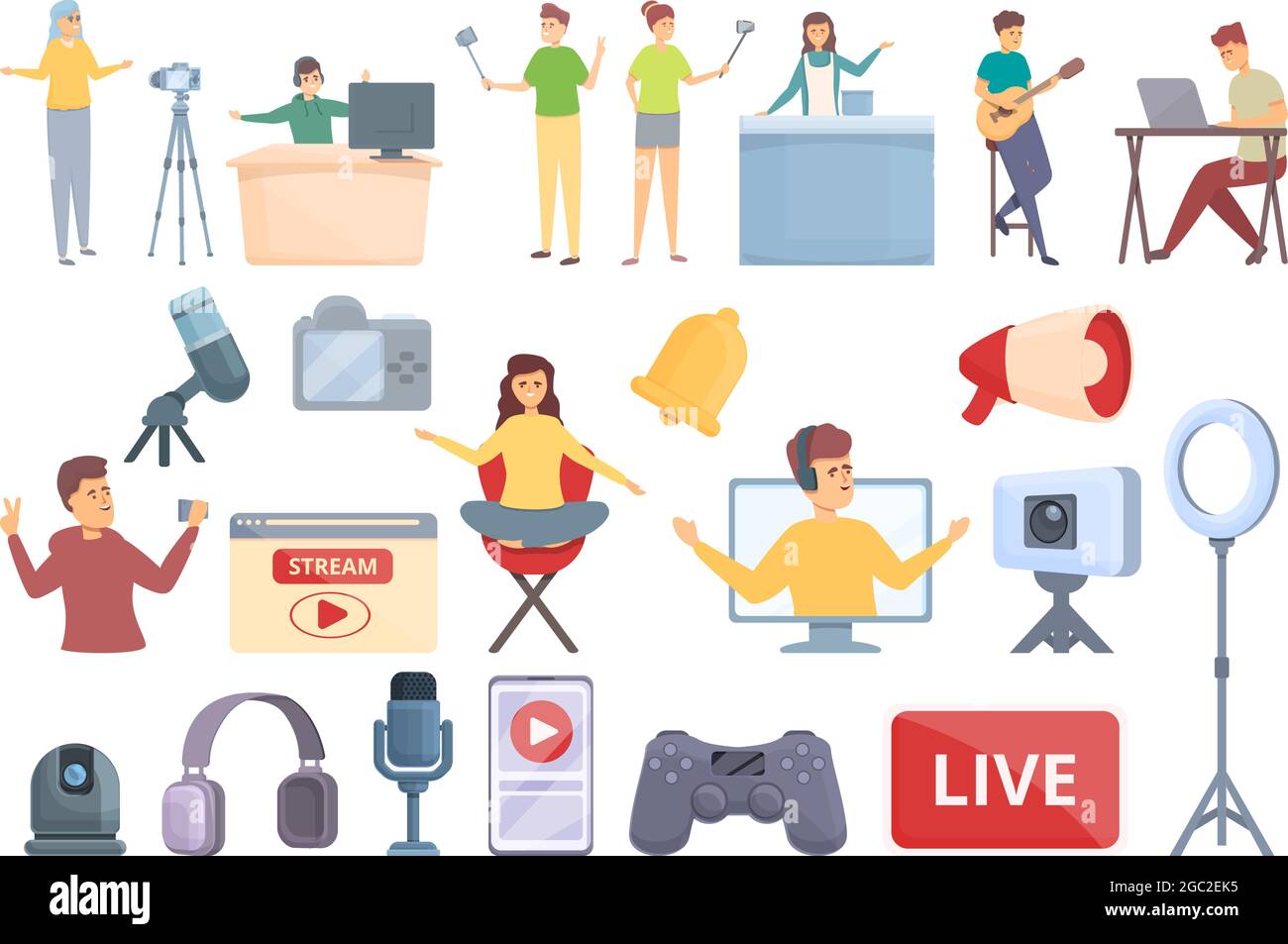Vlogger streaming icons set cartoon vector. Live game. Computer chat ...