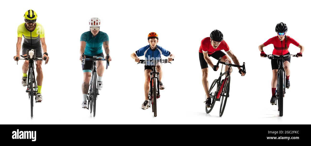 Sport collage. Young male and female cyclists on road bikes isolated ...