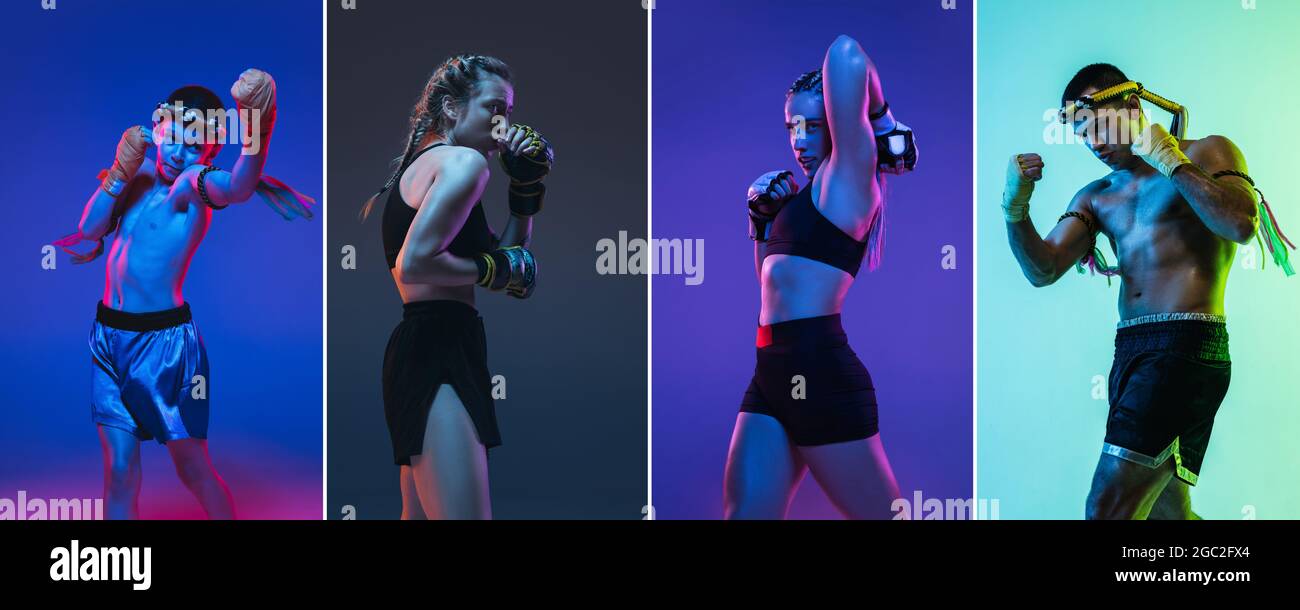 Multi sport collage. Young professional thai boxers and mma fighter ...