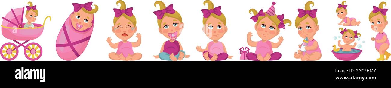 Set realistic little baby girl from toddler to one year old - Vector ...