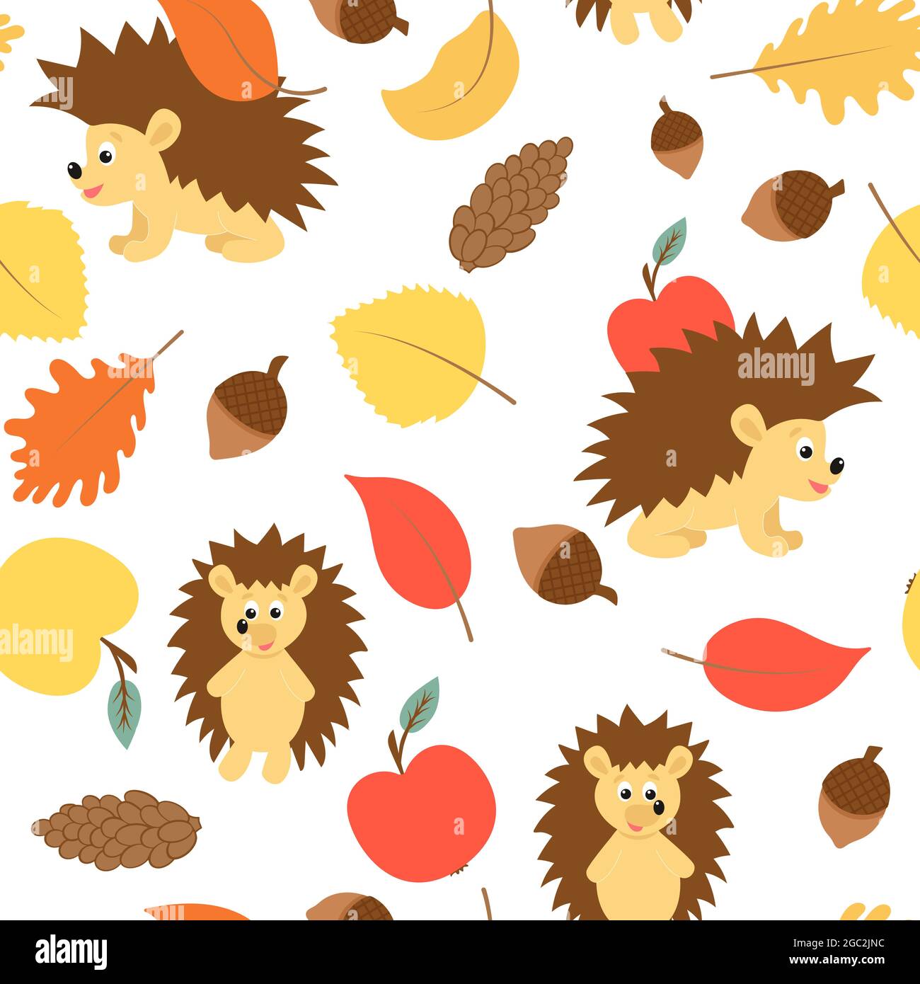 Hedgehog apple leaf and acorn seamless autumn pattern. Vector ...