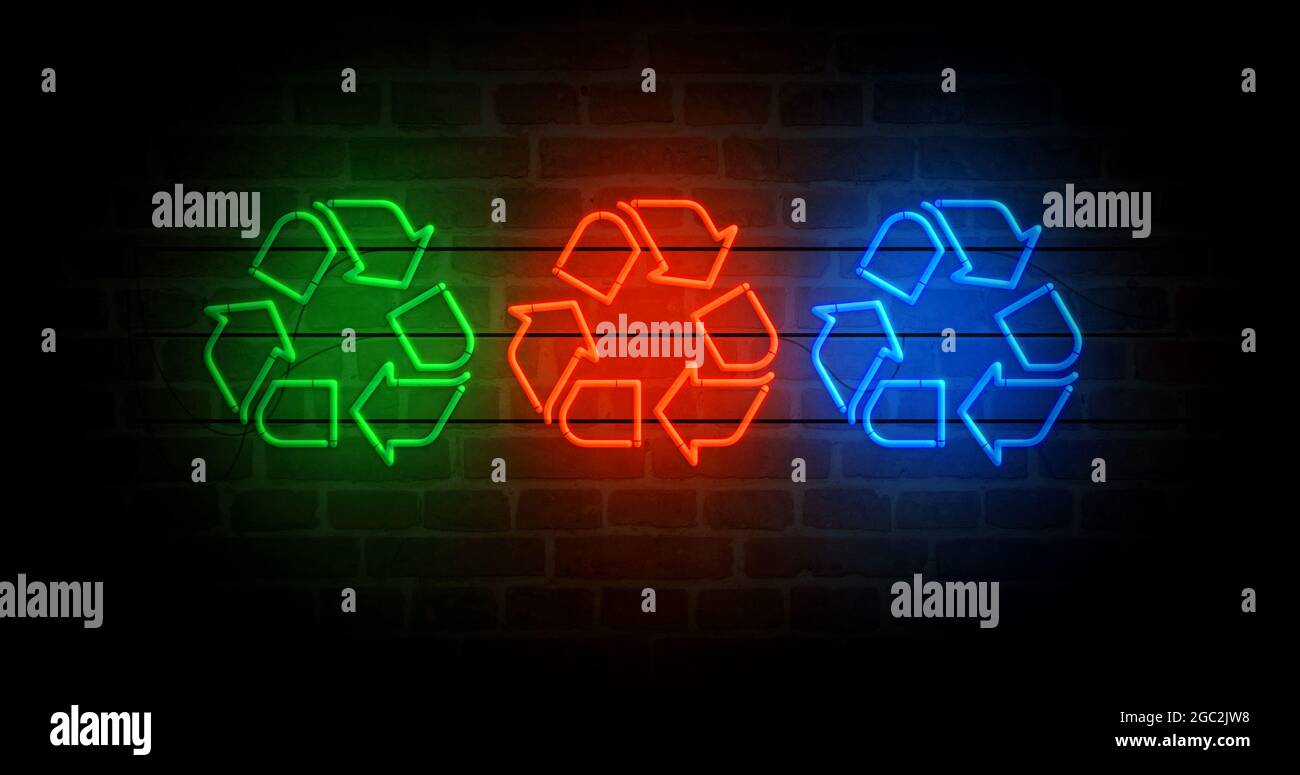 Recycling neon symbol. Ecology, waste recycle and environment light ...