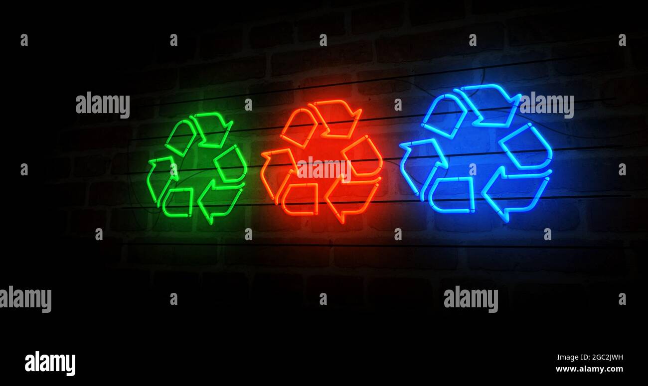 Recycling neon symbol. Ecology, waste recycle and environment light ...