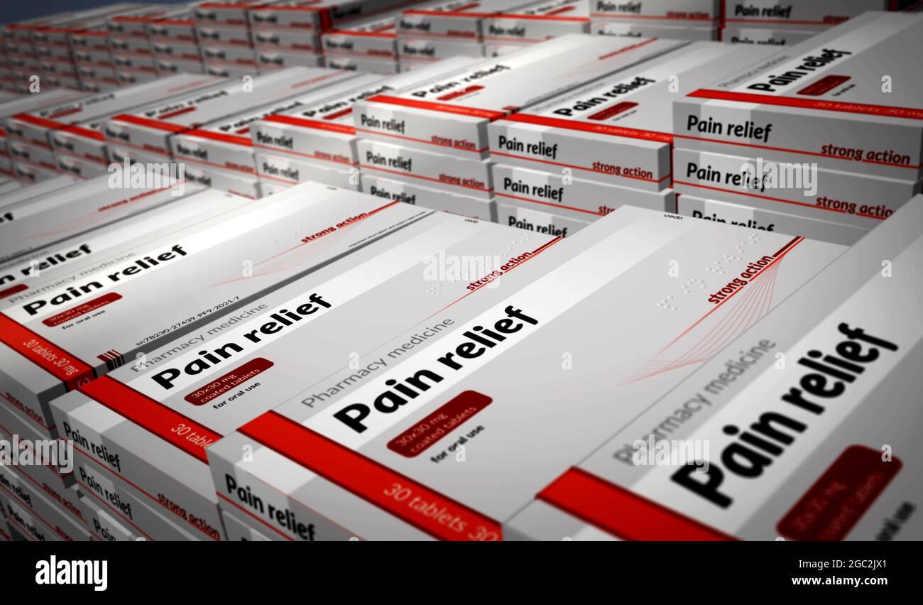 Pain relief tablets box production line. Emergency painkiller, headache ...