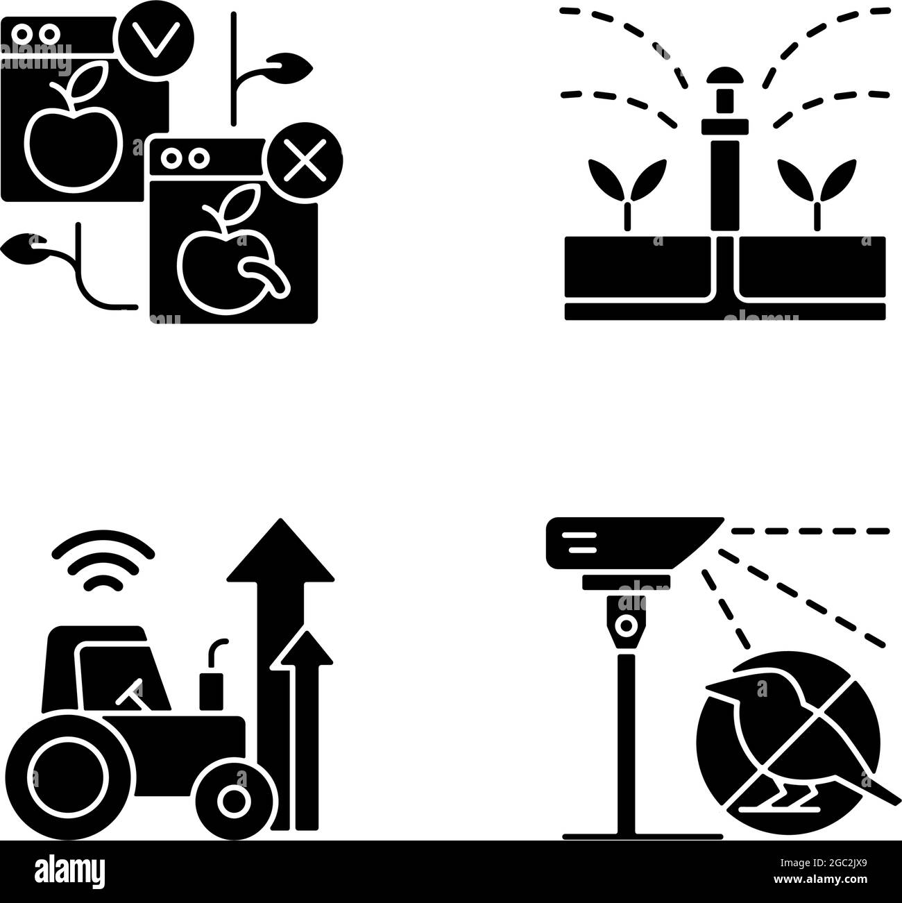 Automated systems in agriculture black glyph icons set on white space ...