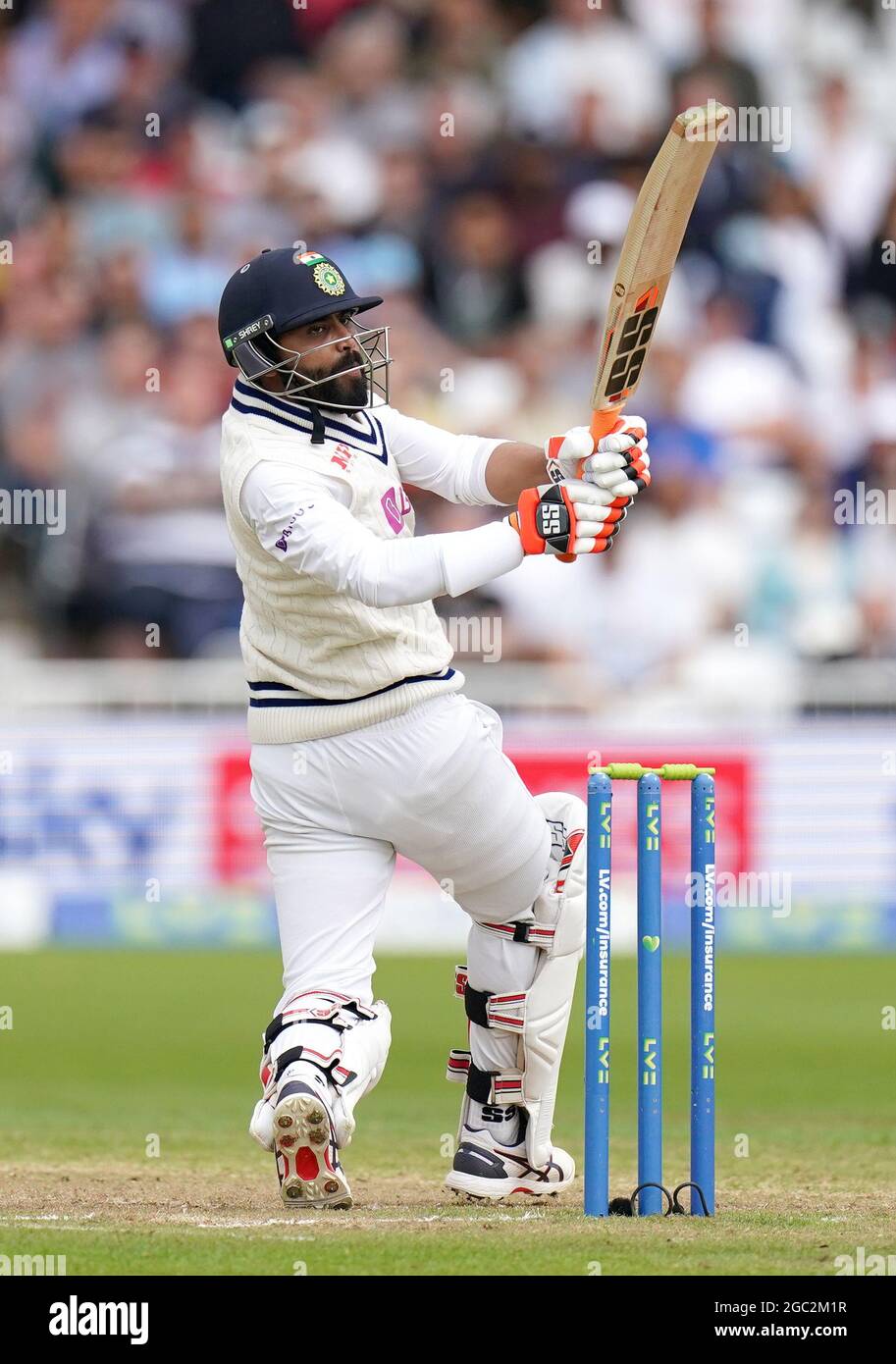 India's Ravindra Jadeja bats during day three of Cinch First Test match ...
