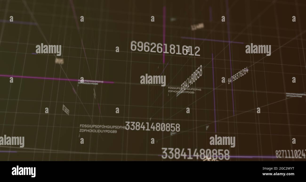 Digital image of multiple changing numbers floating against grid network on black background ...