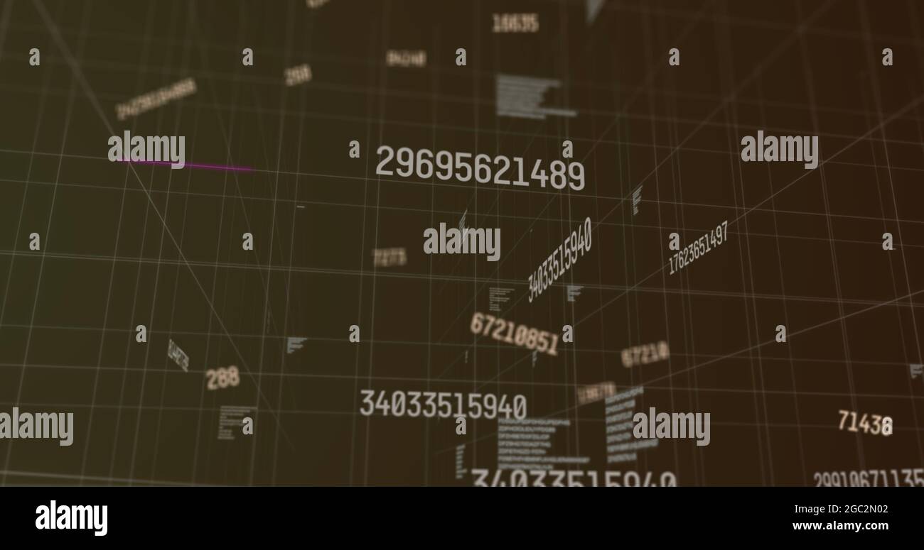 Digital image of multiple changing numbers floating against grid network on black background ...