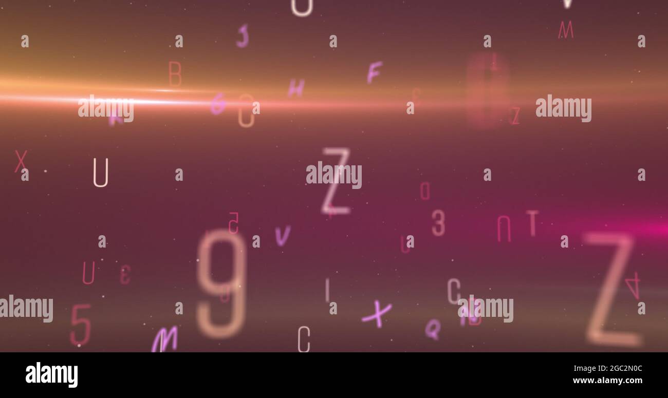 Digital image of multiple numbers and alphabets floating against spot ...