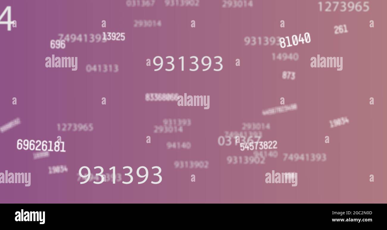 Digital image of multiple changing numbers floating and moving against purple background Stock ...