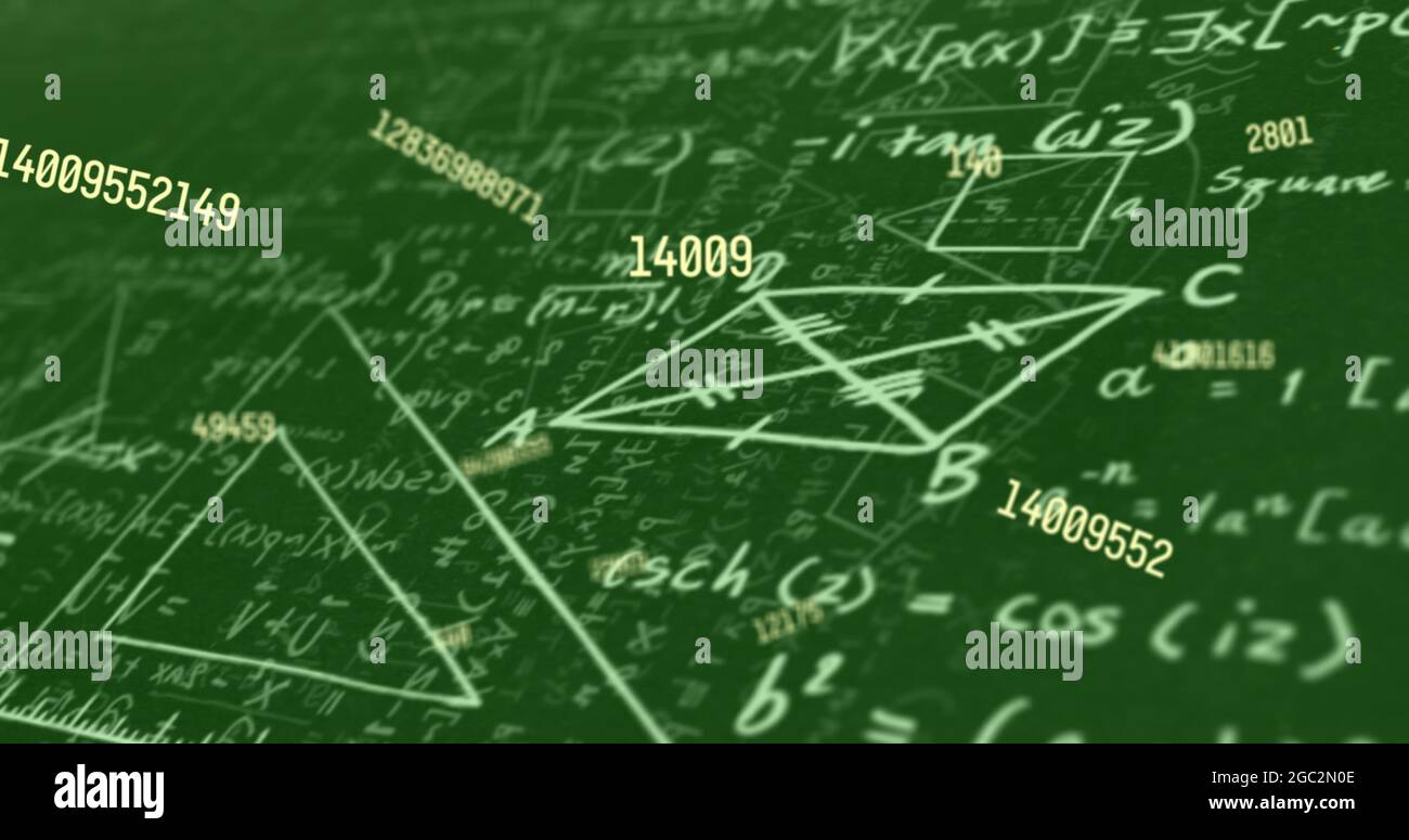 Digital image of multiple changing numbers floating against mathematical equations on green back ...