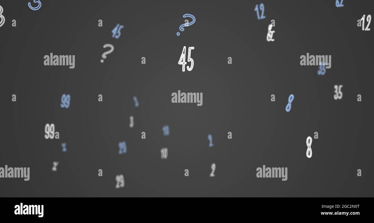 Digital image of multiple numbers floating and moving against grey ...