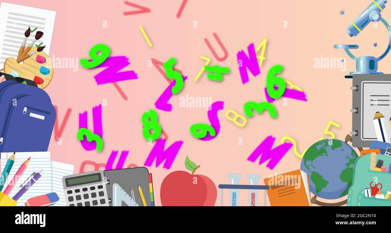 Digital image of multiple school concept icons against multiple numbers ...