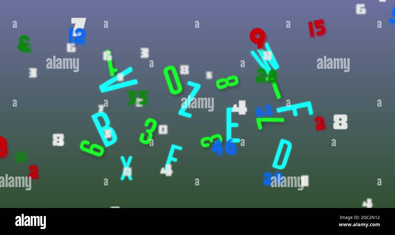Digital image of multiple changing numbers and alphabets floating against blue background Stock ...