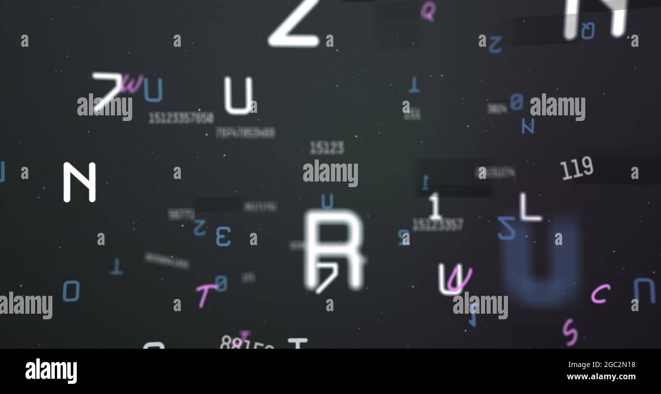 Digital image of multiple numbers and alphabets floating against black ...