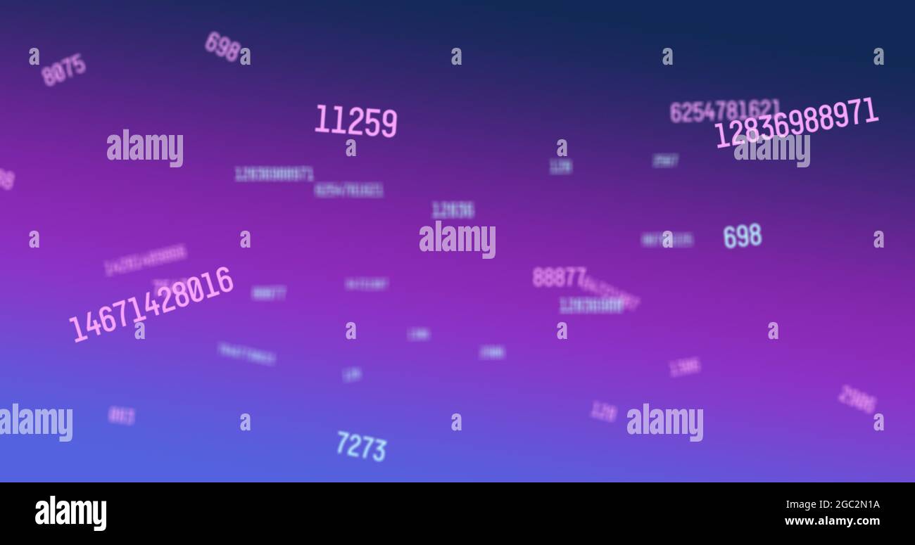 Digital image of multiple changing numbers against purple and blue gradient background Stock ...