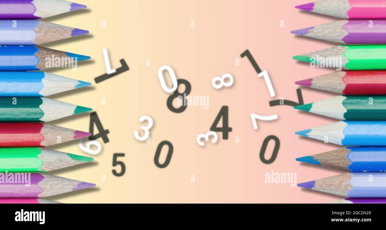 Colored pencils against multiple changing numbers and alphabets on pink ...