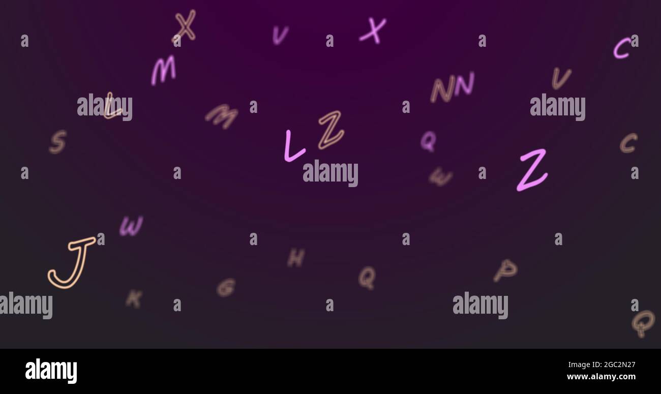 Digital image of multiple alphabets floating and moving against purple ...