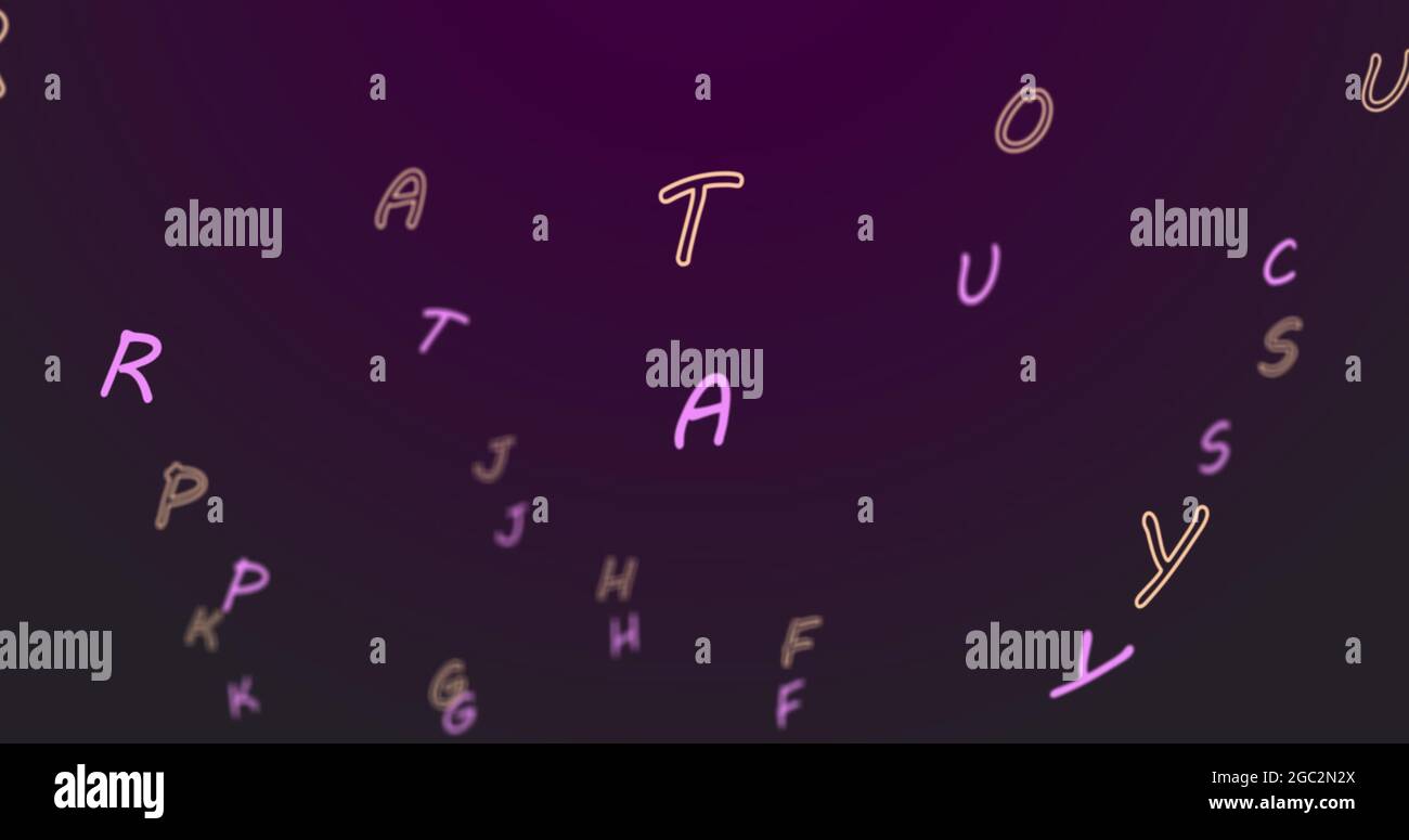 Digital image of multiple alphabets floating and moving against purple ...