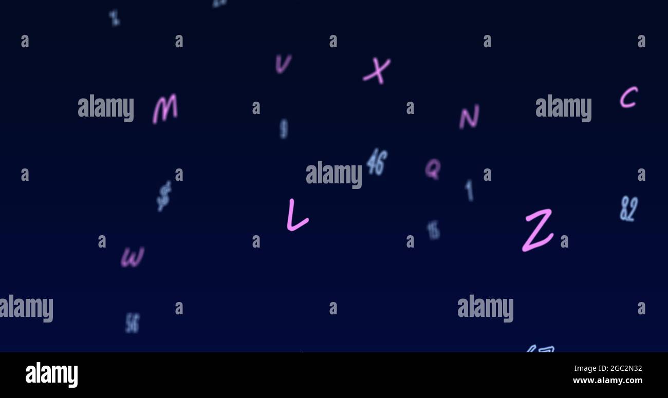 Digital image of multiple numbers and alphabets floating against blue ...